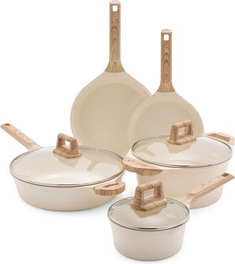 GreenChef Arte Keramikbeschichtetes Kochgeschirr-Set, 8-teilig, Bratpfannen, Sauteuse, Suppentopf, Stielkasserolle, PFAS-frei, induktionsgeeignet, Holzgriff, Cr