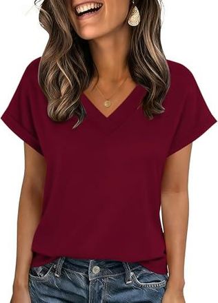 Zeagoo T-shirt pour femme - Col en V - Manches courtes - &Eacute;l&eacute;gant - D&eacute;contract&eacute; - Couleur unie - Tailles S &agrave; 2XL, Bordeaux, XXL