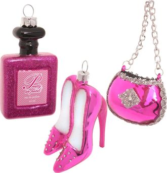Krebs Glas Lauscha Weihnachtsdekoration/Christbaumschmuck aus Glas - Set: Lady in Pink - Handtasche, Parf&uuml;m & High Heels - 3 St&uuml;ck - Gr&ouml;&szlig;e: 1 mal 6cm, 2 mal 9cm
