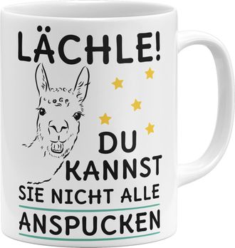 OM3 Lächle du kannst sie nicht alle anspucken Lama Kaffee-Tasse mit Spruch - Motiv Alpaka - Keramik Becher - 325ml - Beidseitig Bedruckt - Weiss