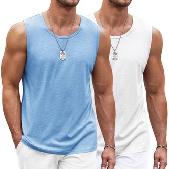 Coofandy Herren Tank Top &Auml;rmelloses Shirt Leicht Fitness Muskelshirt Schnelltrocknendes Gym Achselshirt Sleeveless Funktionsshirt f&uuml;r M&auml;nner Wei&szlig;/Hellblau (2 S
