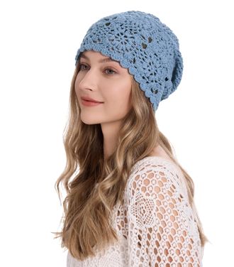 ZLYC Damen Sommer Strickm&uuml;tzen Handgemacht H&auml;kelm&uuml;tze Slouch Beanie M&uuml;tze(Massiv Mildblau),Einheitsgr&ouml;&szlig;e