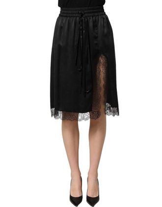 Dolce & Gabbana Womens Black Lace Trimmed Satin Side Slit Skirt Silk