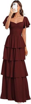 Generic Robes de bal en satin avec col en V et manches volantées - Robe de mariée formelle vintage avec ourlet à volants, bordeaux, XS