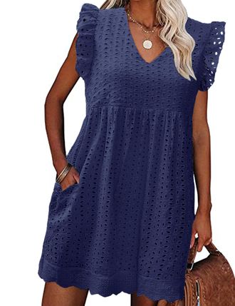 Heekpek Sommerkleid Damen Kurz Baumwolle Kleider Sommer V-Ausschnitt Minikleid Leicht Luftige Sommerkleider Freizeitkleid Strandkleid mit R&uuml;schen &Auml;rmeln und T