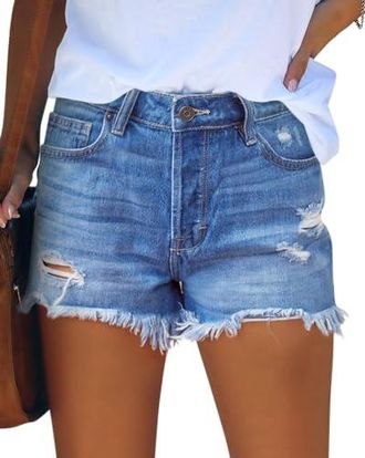 Minetom Short Femme Jean Taille Haute Ete Denim Pantalon Short en Jean Décontracté Shorts À Franges Déchiré Hot Shorts Plage C Bleu XXL