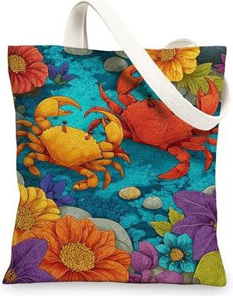 Generic Sacs fourre-tout en toile de crabe, motif vie marine colorée, sacs de courses réutilisables, motif floral vif, léger, lavable, coloré, 13x15 Inch