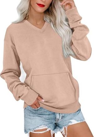Generic Sweat-shirt &agrave; col en V sans chapeau avec poches, couleur unie, confortable, d&eacute;contract&eacute;, surdimensionn&eacute;, sans capuche, pour le printemps, lautomne et 