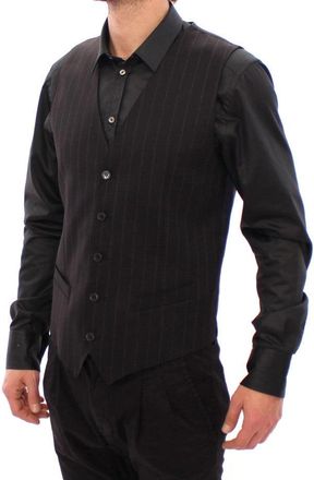 Dolce & Gabbana Mens Black Striped Wool Logo Vest Viscose Clothing