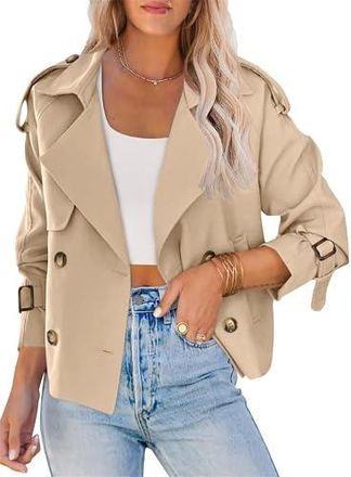 Generic Trench court &agrave; double boutonnage pour femme - Manches longues - Revers crant&eacute; - Avec poches - V&ecirc;tements dext&eacute;rieur d&eacute;contract&eacute;s et tendance, kaki clai