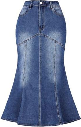 Allegra K Jupe en Jean Femme Queue de Poisson Jupe Moulante &Eacute;vas&eacute;e en Denim Jupe Mi-Longue D&eacute;lav&eacute;e Bleu XS