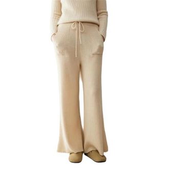 Generic Pantalon droit en cachemire m&eacute;lang&eacute; &agrave; taille &eacute;lastique pour femme - Coupe ample, beige, M