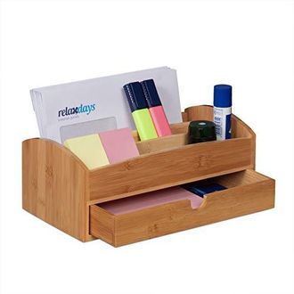 Relaxdays Schreibtisch Organizer, Bambus, mit Schublade & 3 Fächern, Büro Tischorganizer HBT: 11 x 27,5 x 15 cm, natur