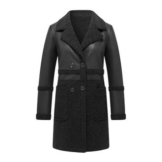 Generic Veste longue dhiver en polaire pour femme - Double boutonnage &agrave; revers crant&eacute; ample Caban, Noir, XL