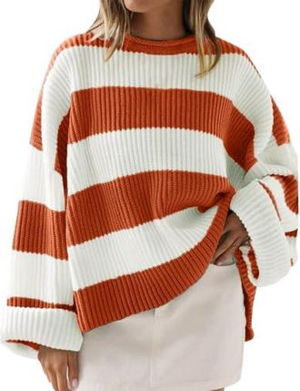 Generic Pull rayé en tricot torsadé pour femme, pull à manches évasées pour femmes, pulls amples, col rond, manches longues, thermiques, confortables, légers,