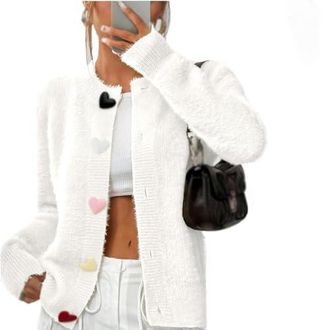 Generic Cardigan en tricot pelucheux pour femme, manches longues et l&eacute;g&egrave;res, boutons en forme de coeur sur le devant, col rond, pull court pelucheux, blanc, X