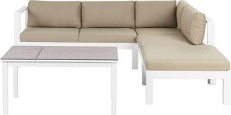 Beliani Lounge Set Wei&szlig; Aluminium mit Auflagen Sandbeige Stoff Skandi Modern 5-Sitzer Ecksofa Tisch Ottomane Terrasse Garten M&ouml;bel