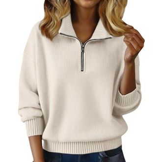 Generic Pull tricot&eacute; confortable en cachemire pour femme avec fermeture &eacute;clair quart de tour, beige, 3XL