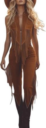 ORANDESIGNE Combinaison Femme Sans Manches à Franges Salopette Western Cowboy Punk Aspect Daim Style Boho Vintage Années 70 Idéal pour Oktoberfest Carnaval Déguis