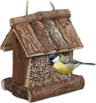 Relaxdays Vogelfutterhaus Holz, zum Aufh&auml;ngen, HBT: 17 x 15 x 12 cm, mit Silo, Vogelfutterspender f&uuml;r Kleinv&ouml;gel, Natur