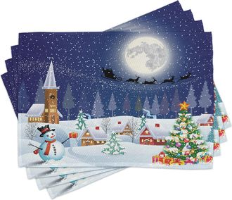 Abakuhaus Weihnachten Platzmatten, Winterlandschaft, Waschbare Stoff Esszimmer Küche Tischdekorations Digitaldruck, Lila Grau Weiß