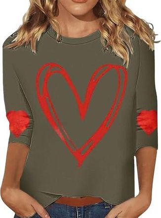 Generic Chemise de Saint-Valentin 2026 pour femme - Imprim&eacute; coeur - Longueur 3/4 - En coton - Col rond - Pour la vie quotidienne, les rendez-vous galants, Jn,