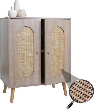 Mendler Kommode HWC-M35, Schrank Sideboard Highboard, Staufächer, Kubu Rattan Holz Melamin, Eiche-Optik