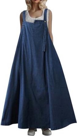 Minetom Robe en Jeans Salopette Femme Grande Taille Maxi Robe Été Vintage sans Manche Robe en Denim Longue Robe Salopette avec Poches B Bleu XXL