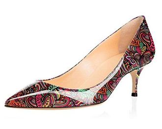 elashe Escarpins Femme - 6.5 cm Kitten-Heel Chaussures - Bout Pointu Ferm&eacute; - Classique Bureau Soiree Shoes Fleur-Rosa EU37