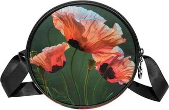 Generic Petit sac &agrave; bandouli&egrave;re rond pour femme, motif coquelicot rouge, avec fermeture &eacute;clair, bretelles r&eacute;glables, sac &agrave; main rond d&eacute;contract&eacute; pour femmes e