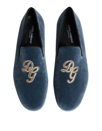 Dolce & Gabbana Mens Blue Velvet Dg Logo Loafers Formal Shoes Leather