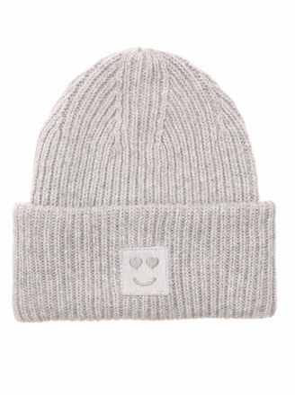 Zwillingsherz Slouch-Beanie-Mütze mit Wolle - Hochwertige Strickmütze mit Herz Smileys Patch für Damen Mädchen - Hat - Grobstrick - One Size - warm und weich für Fr