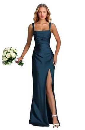 Generic Robe de demoiselle dhonneur en satin pour femme - Robe de bal sir&egrave;ne - Bretelles spaghetti - Corset long pliss&eacute; - Robe de soir&eacute;e formelle avec fente, 
