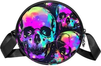 Generic Petit sac &agrave; bandouli&egrave;re circulaire pour femme, motif cr&acirc;nes, petit sac &agrave; dos &agrave; bandouli&egrave;re avec fermeture &eacute;clair, bretelles r&eacute;glables, sac &agrave; main rond