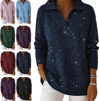 Generic Pull à col polo brillant pour femme avec col en V et manches longues, noir foncé, 3XL