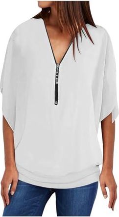 Generic Haut en mousseline de soie avec fermeture éclair 1/4 pour femme - Col en V - Uni - Manches courtes - Grande taille - Couleur unie - Chemisier ample po