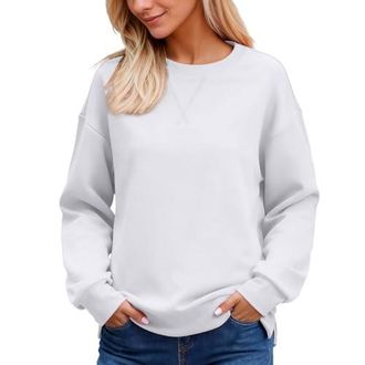 Generic 2026 Printemps Ourlet fendu Col Rond, Sweatshirt &agrave; manches longues D&eacute;contract&eacute; Coupe ample Pull Doux Chaud Automne Hiver Mode Couleur unie Haut, blanc