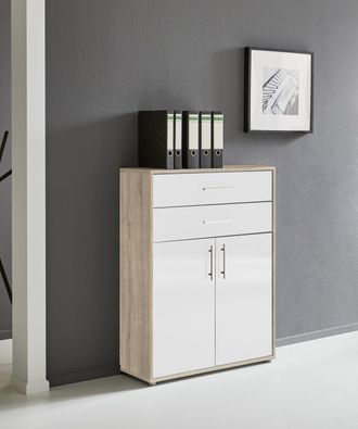 BMG Möbel Aktenschrank Büro Arbeitszimmer mit Schubkästen und 2 Türen wählbar aus 11 verschiedenen Farbkombinationen (Sonoma Eiche - Weiß Hochglanz)