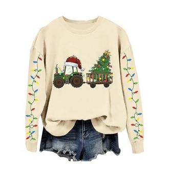 Generic Sweat-shirt de No&euml;l pour femme avec imprim&eacute; sapin de No&euml;l et col rond - Cardigan tendance &agrave; manches longues, beige, XXL