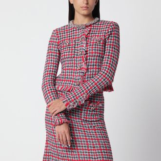 Self Portrait Rote, karierte Strickjacke mit Fransen