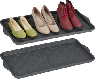Relaxdays Schuhabtropfschale 2er Set, Kunststoff, Schuhablage 3 Paar Schuhe, Schuhabsteller, HBT 3,5 x 74 x 36 cm, grau