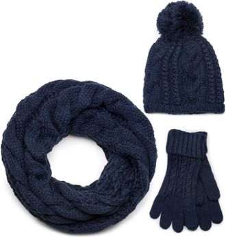 styleBREAKER Schal, Mütze und Handschuh Set, Zopfmuster Strickschal mit Bommelmütze und Handschuhe, Damen 01018208, Farbe::Dunkelblau / Loop Schlauchschal (One Siz