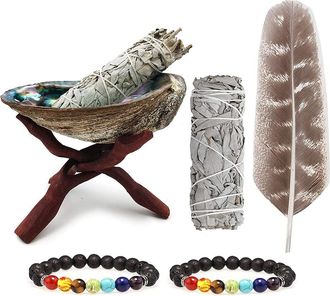 Generic Smudge Set - hochwertige nat&uuml;rliche Abalone-Muschel mit Holzst&auml;nder und verschmierenden Federn, 2 Chakra-Lava-Armb&auml;nder, 2 wei&szlig;e Salbei-B&uuml;ndel, zum Ve