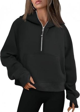 Generic Sweat-shirt surdimensionn&eacute; &agrave; manches longues et demi-fermeture &eacute;clair pour femme, avec trou pour le pouce et poches, Noir, XXL