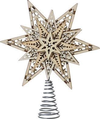 Kaemingk Christbaumspitze Stern mit ausgestanztem Sternmuster 21cm Holz - Weihnachtsbaumspitze mit Spiralhalterung - Sternspitze Aufstecker für den Weihnachtsb