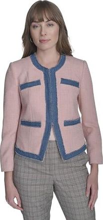 Tommy Hilfiger Collarless Denim Drimmed Open Front Jacket Blazer, Poudre, 36 Femmes