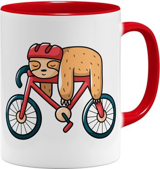 OM3 lustige Faultier Kaffee-Tasse Fahrrad - Witzige Geschenkidee für Radfahrer & Fahrradliebhaber - Keramik Becher - 325ml - Beidseitig Bedruckt - Rot