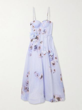 Zimmermann Robe Midi En Lin Et Soie Mélangés À Imprimé Fleuri, Appliqués Et Ceinture Hypnotic Picnic - Violet