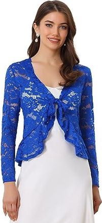 Allegra K Cardigan à Nouer sur Le Devant pour Femmes avec Ourlet à Volants en Dentelle Florale Bleu Royal M