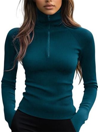 Generic Pull &agrave; col roul&eacute; c&ocirc;tel&eacute; pour femme - Couche de base thermique &agrave; manches longues - Tenue dautomne tendance, Vert, XXL
